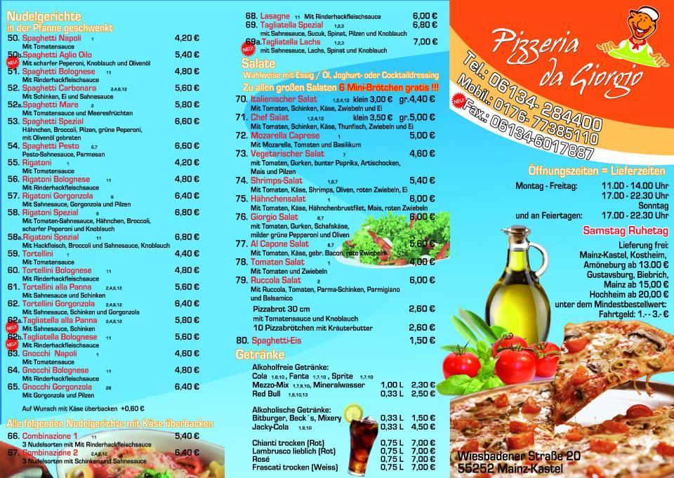 Carta de pizzería Da Giorgio, Wiesbaden