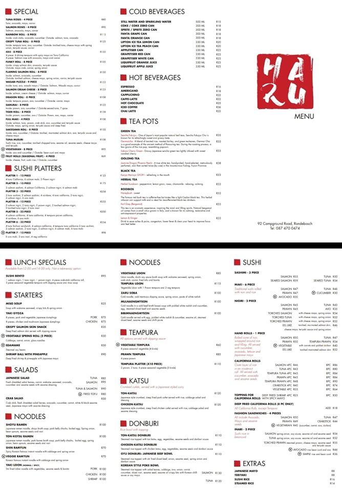 Menu at Haru restaurant, Cape Town