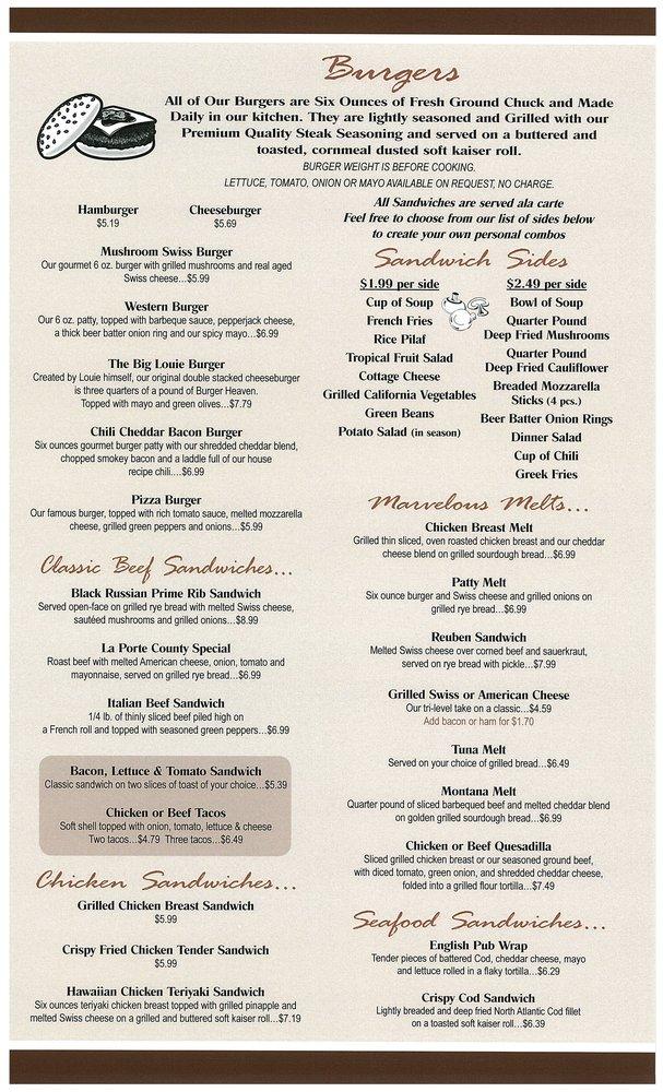 Menu at Louie's Cafe, La Porte
