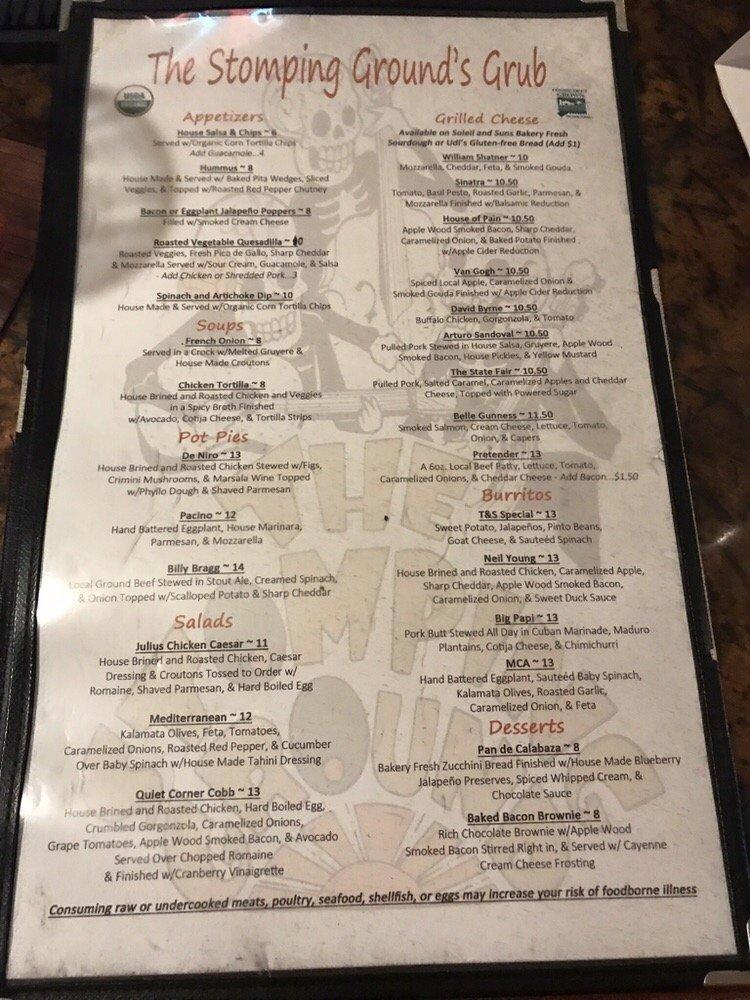 Menu at The Stomping Ground pub & bar, Putnam