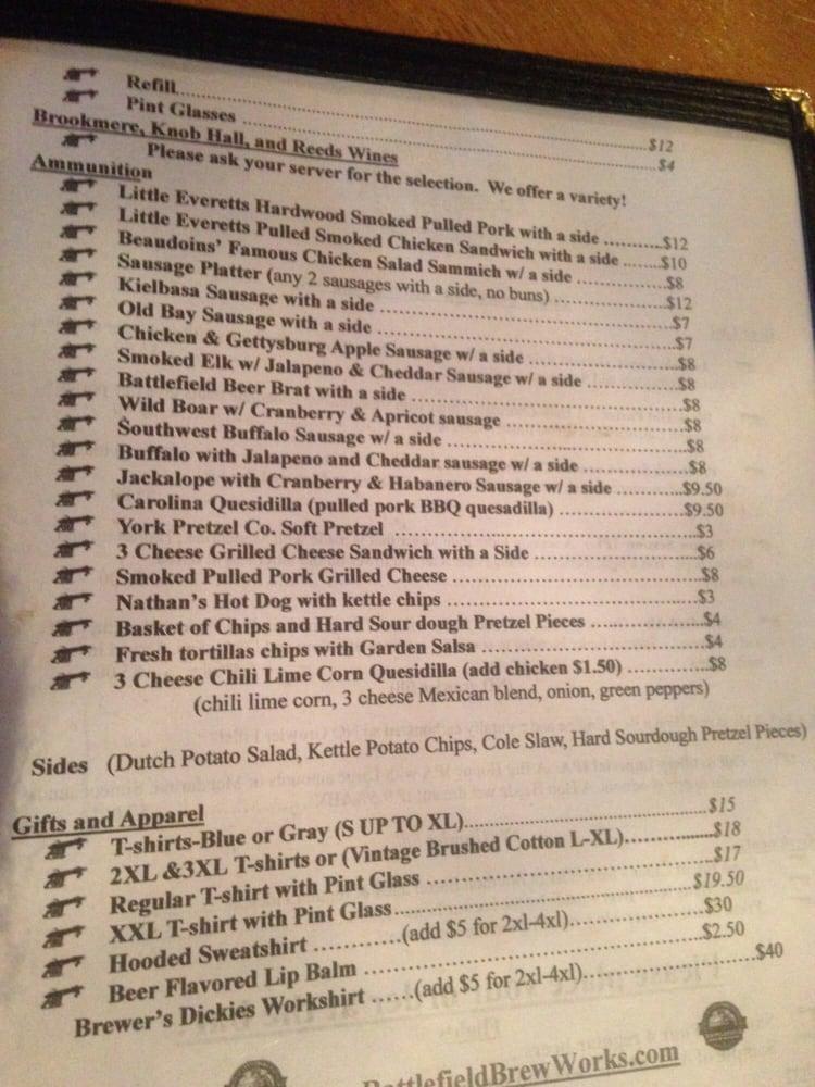 Menu at Gettysburg Brew Works Taproom restaurant, Gettysburg