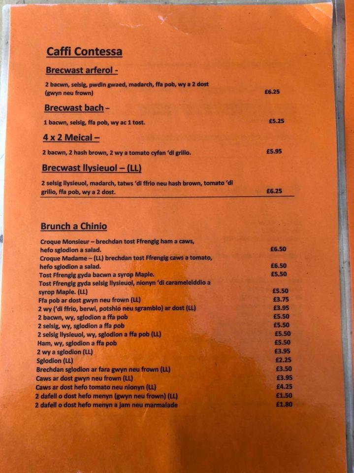 Menu at Cafe Contessa, Llanrwst