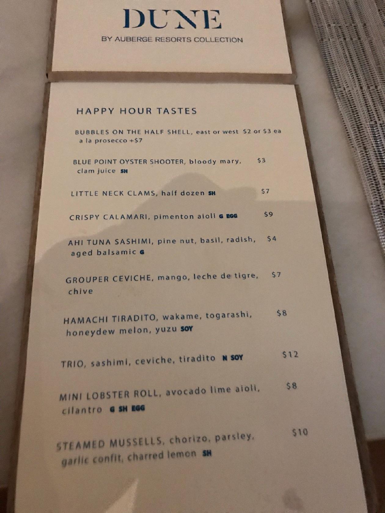 Menu at DUNE by Laurent Tourondel steakhouse, Fort Lauderdale