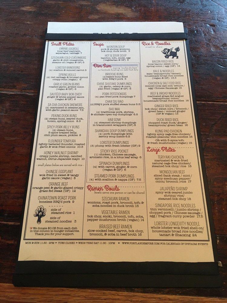 Menu at Empire Chinese Kitchen restaurant, Portland