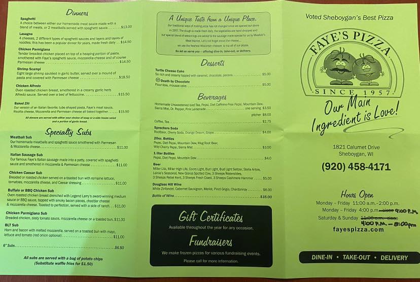 Menu at Faye's Pizza pizzeria, Sheboygan