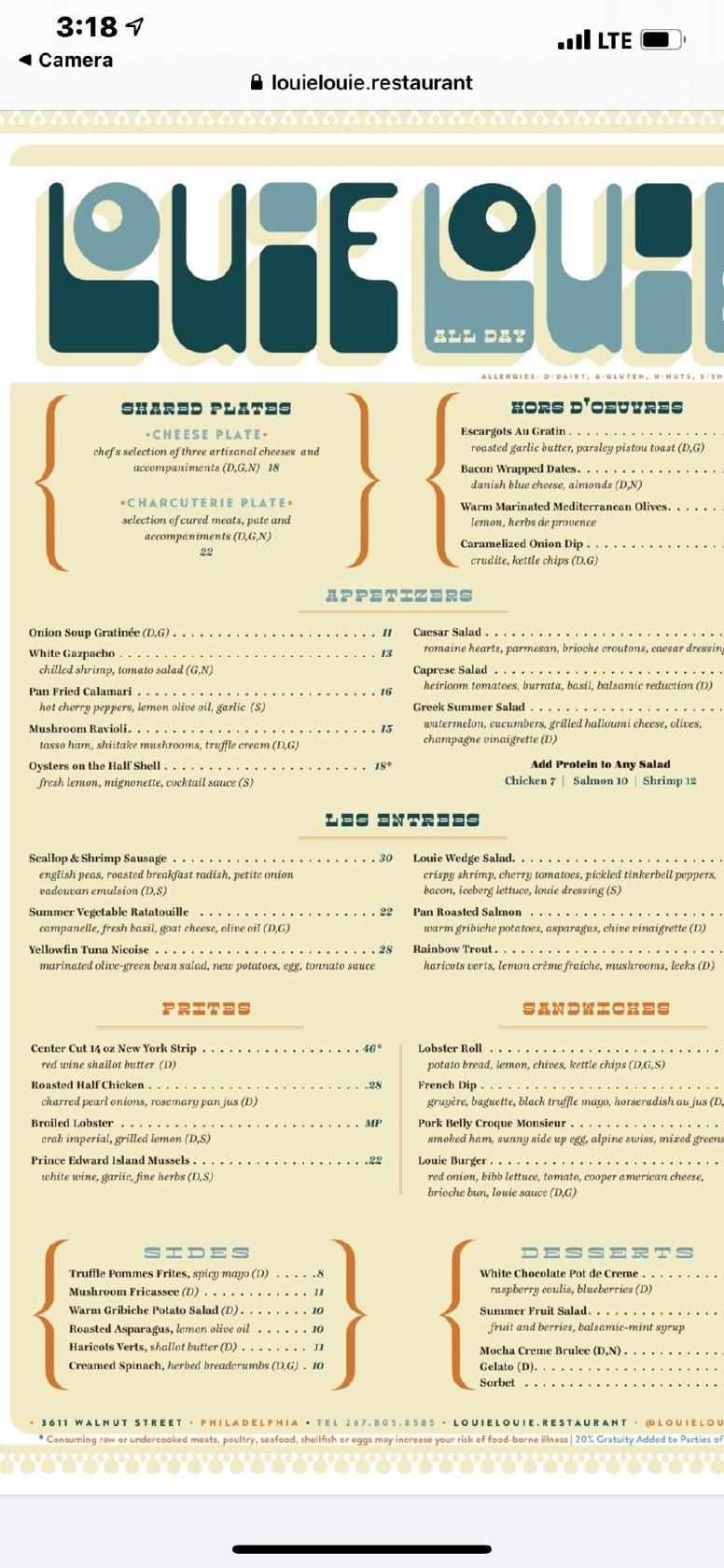 Menu at Louie Louie restaurant, Philadelphia