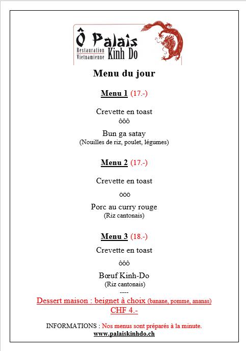 Menu at Ô Palais Kinh Do, Sion