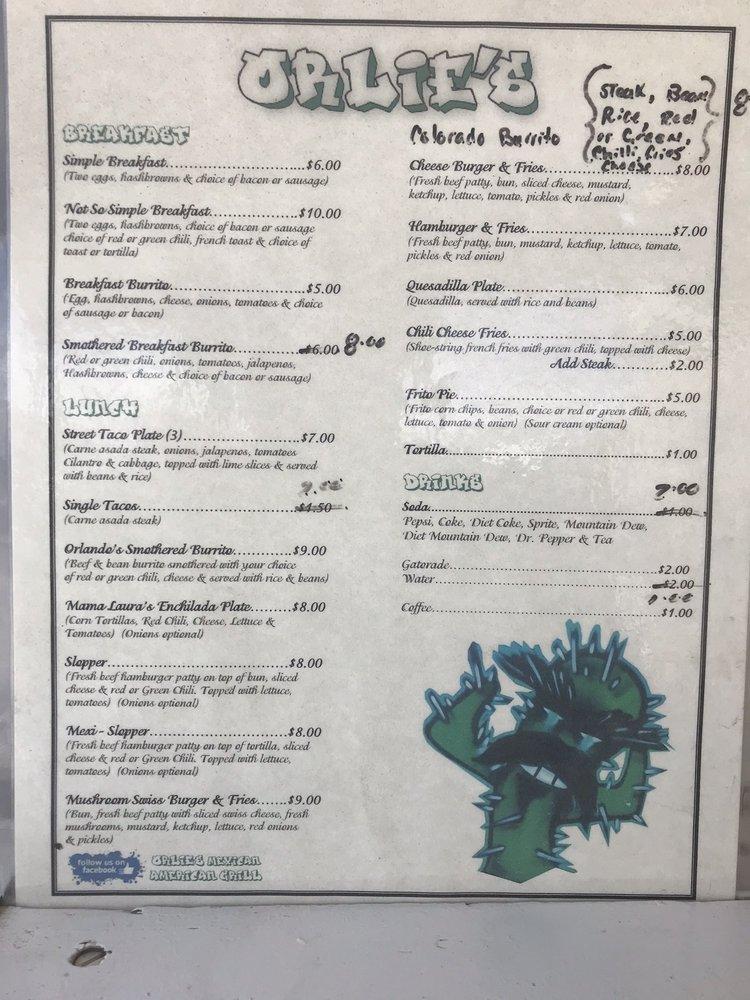 Menu at Orlie's Grill cafe, Alamosa