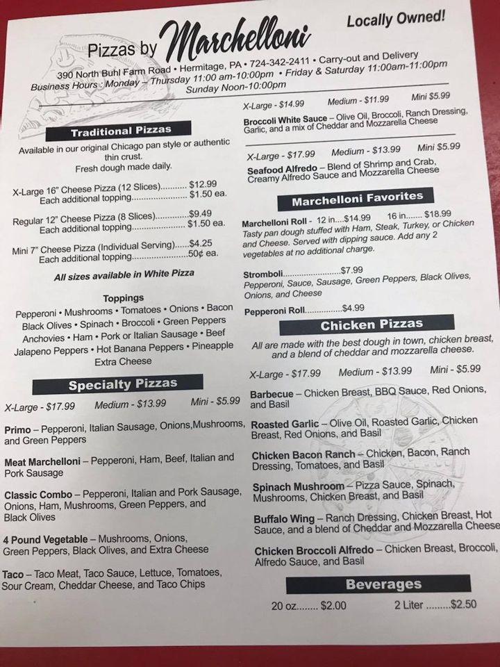 Menu at Pizzas By Marchelloni pizzeria, Hermitage, 390 N Buhl Farm Dr