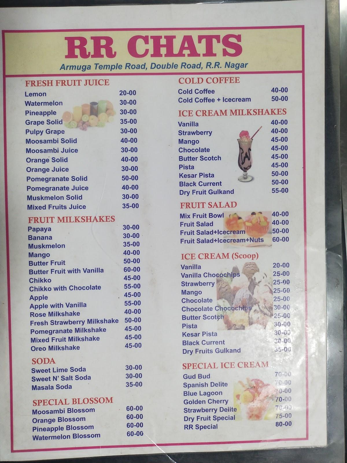 Menu at RR Chats, Bengaluru