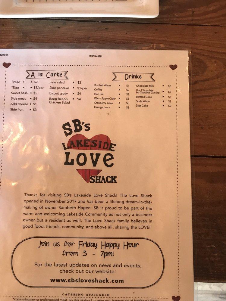 Menu at SB's Lakeside Love Shack restaurant, Richmond