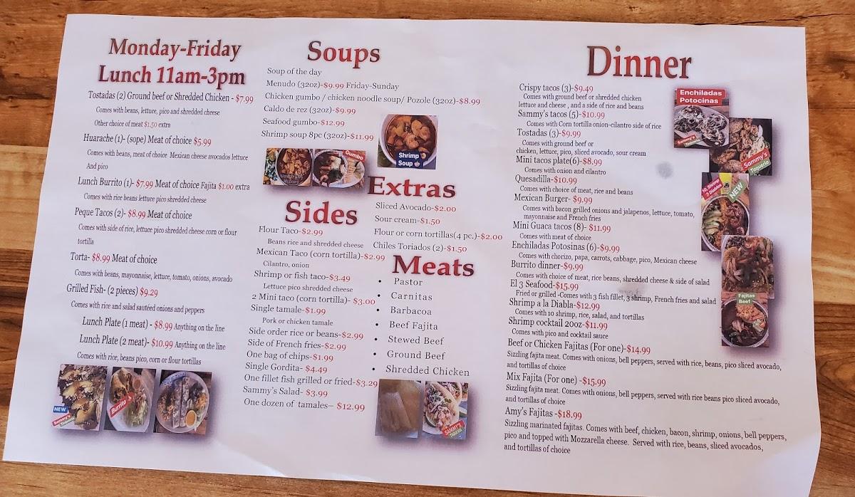 Menu at Sammy's Taqueria restaurant, Bridge City