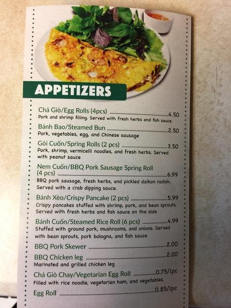 Menu at Son Tra restaurant, Escondido