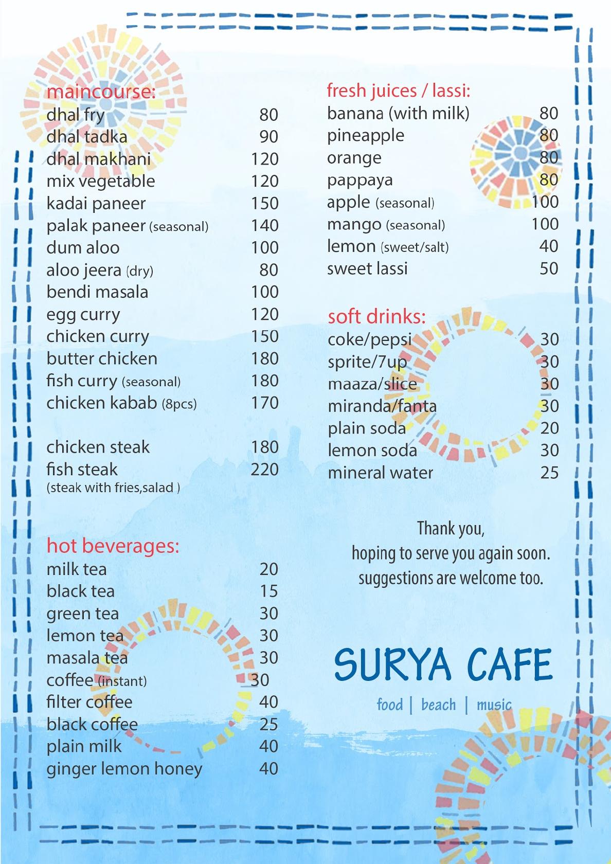 Menu at Surya Beach Cafe and Stay, Gokarna