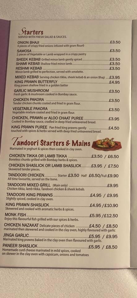 Menu at Bombay Brasserie restaurant, Billingborough