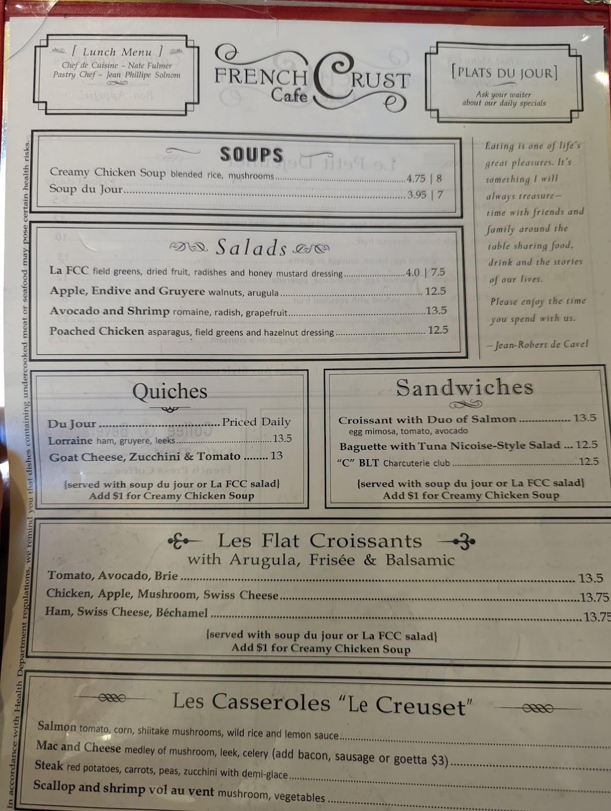 Menu at French Crust Café and Bistro cafe, Cincinnati, Elm St