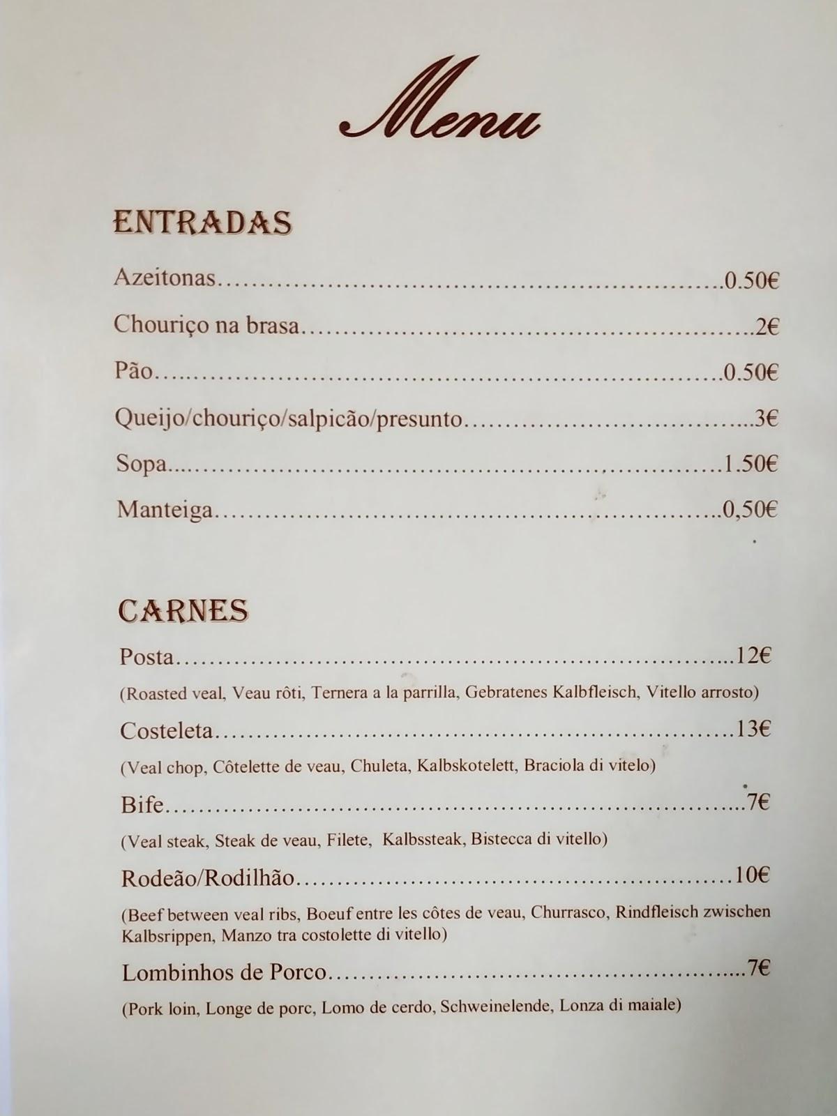 Menu em O Trilho de Onor restaurante, Portugal