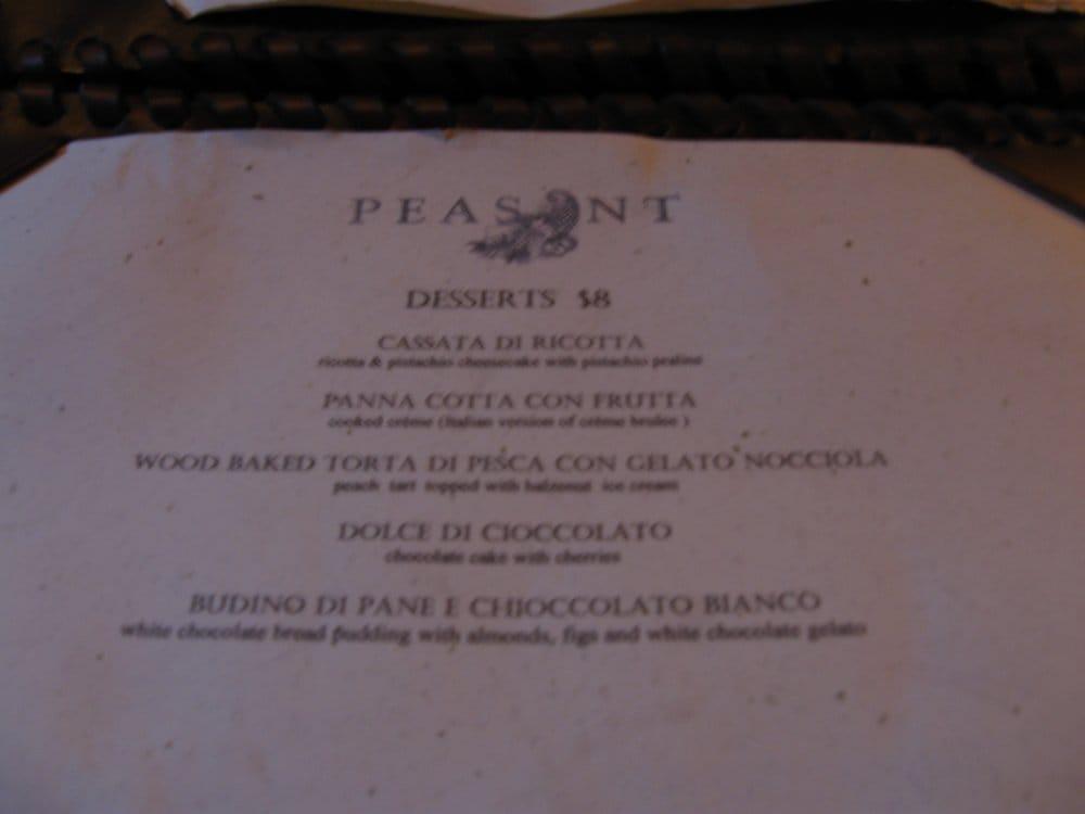 Menu at Peasant restaurant, New York City, 194 Elizabeth St