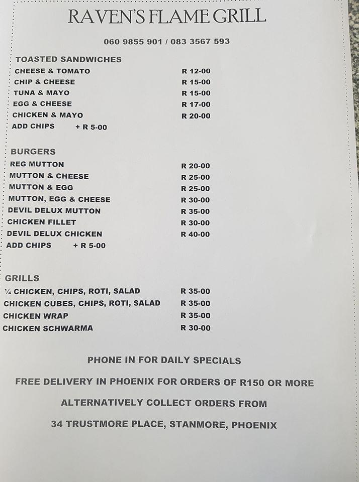 Menu at Raven's Flame Grill restaurant, Umhlanga