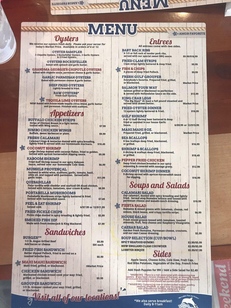 Menu at Anna Maria Oyster Bar on the Pier, Bradenton Beach