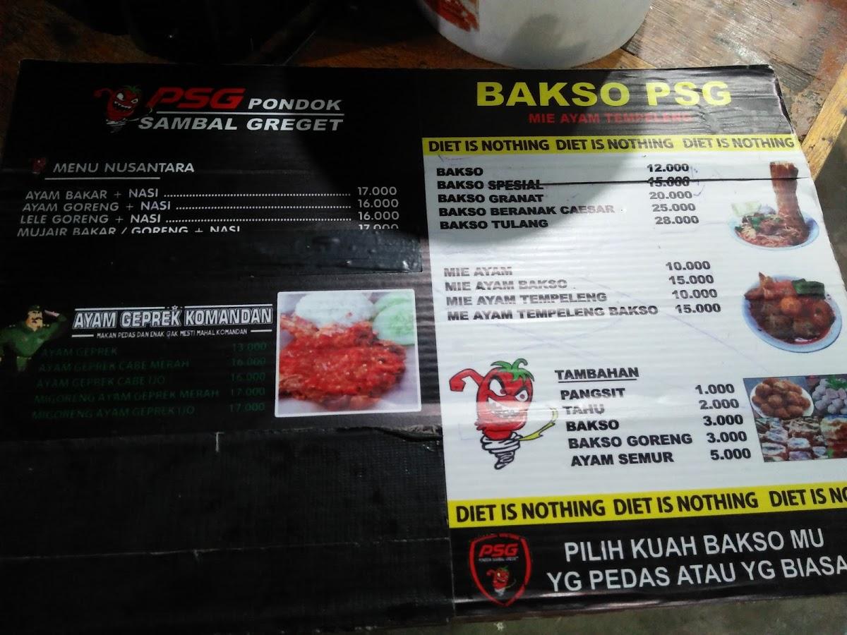 Menu at Bakso PSG Batu Aji restaurant, Batam