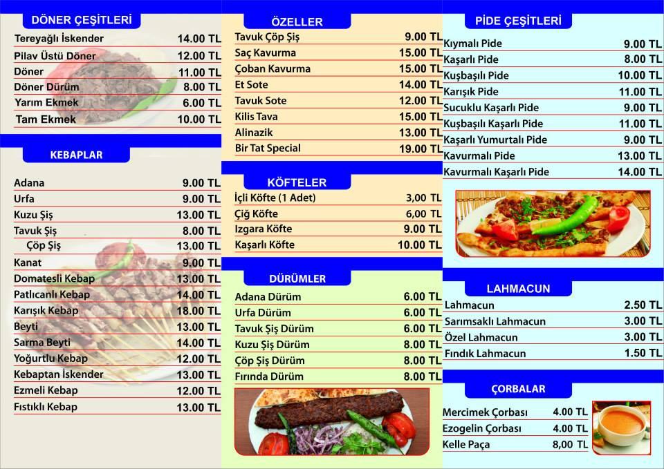 Menu at Bir Tat Doner & Kebap, Istanbul