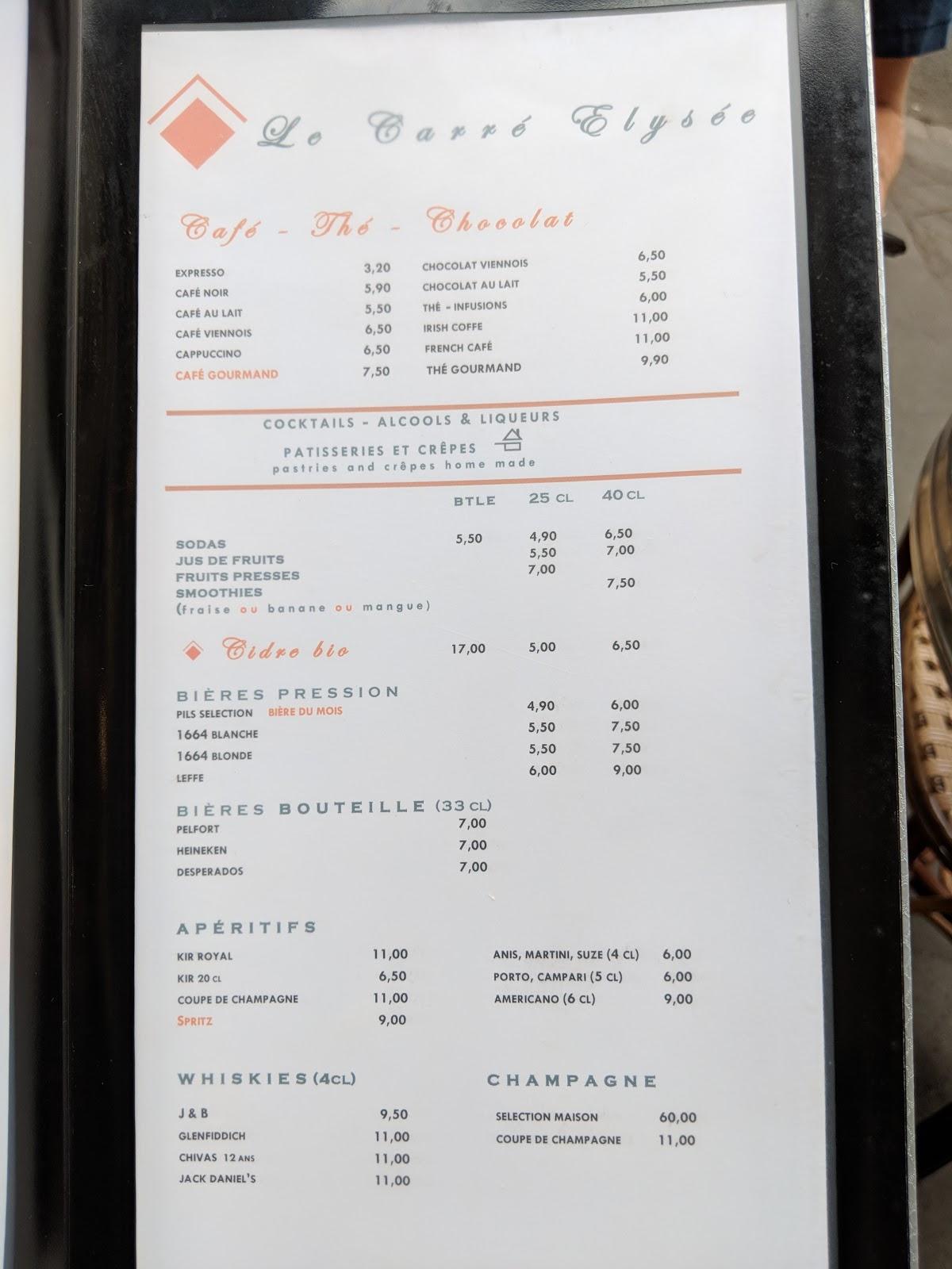 Menu at Le Carré Élysée pub & bar, Paris, 49 Av. Franklin Delano Roosevelt