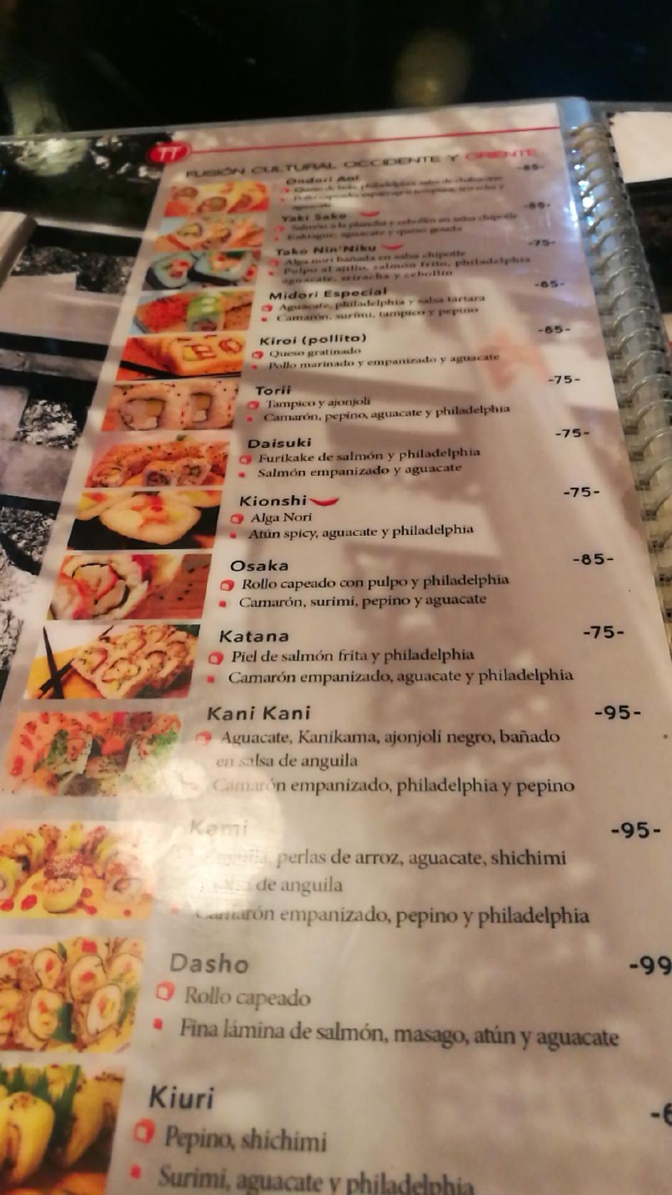 Menu at Mandala sushi restaurant, Merida