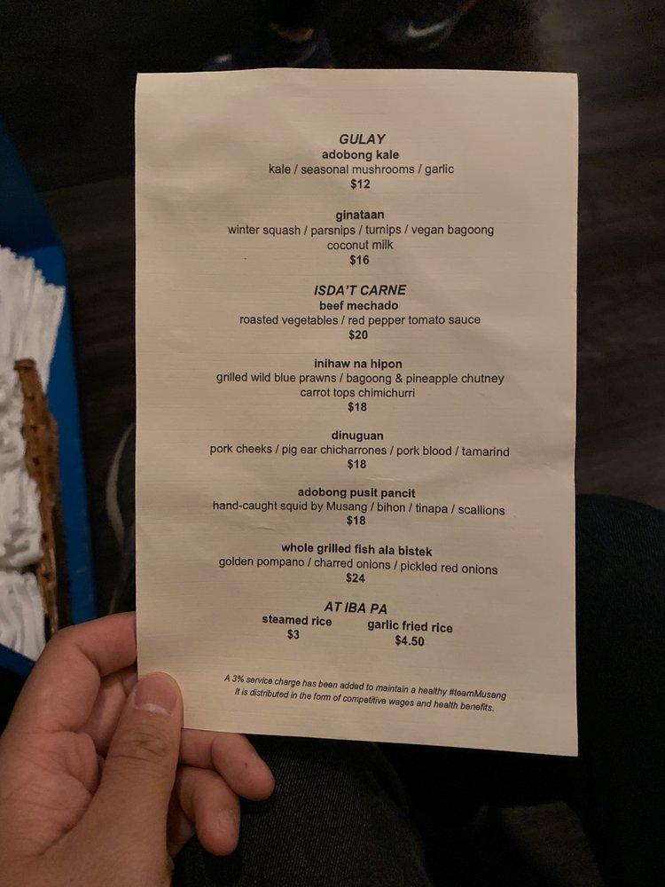 Menu at Musang restaurant, Seattle