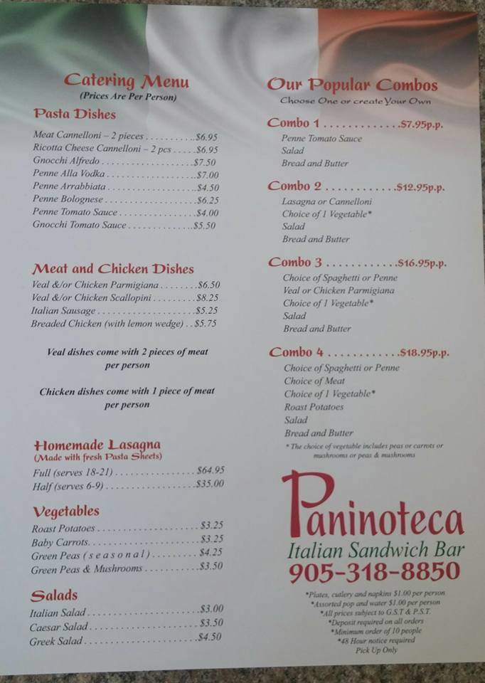 Menu at Paninoteca restaurant, Hamilton