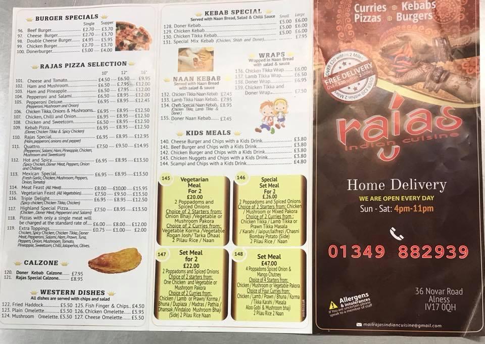 Menu at Raja's Indian Cuisine pizzeria, Alness