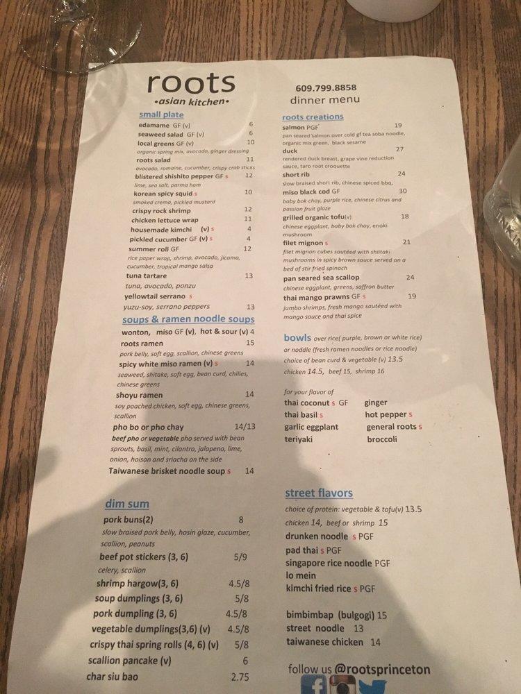 Menu at roots restaurant, Princeton