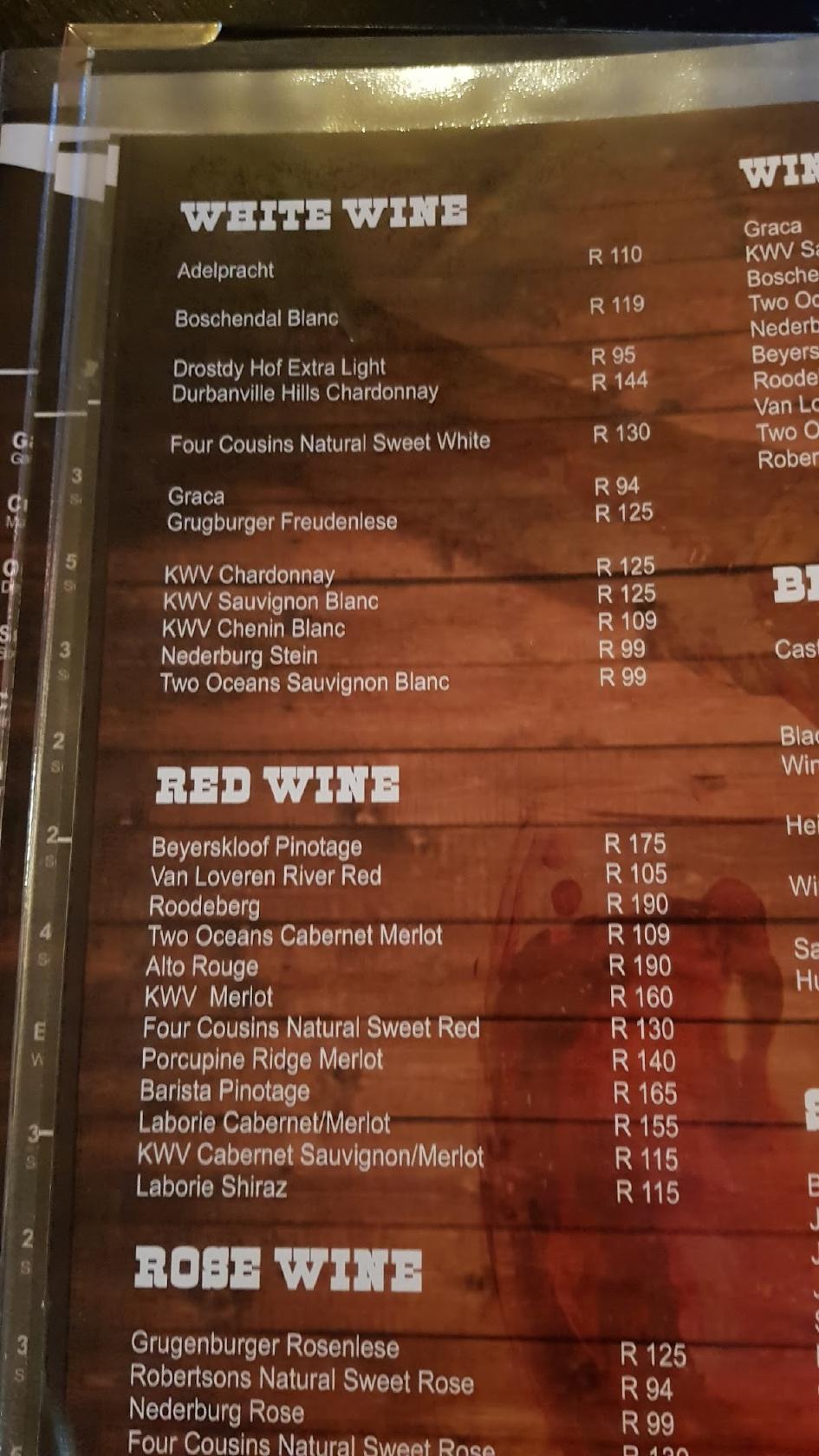 Menu at Steak House restaurant, Potchefstroom