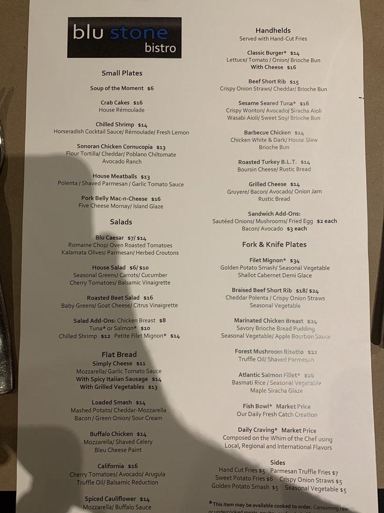 Menu at Blu Stone Bistro restaurant, Albany