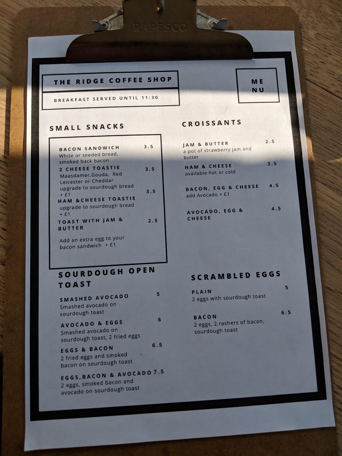 Menu at The Ridge Coffee Shop cafe, Exeter