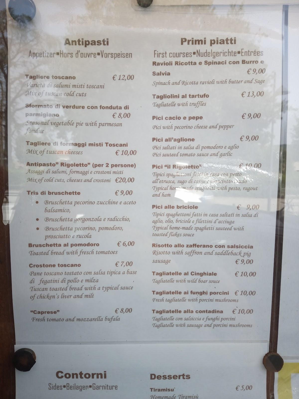 Menu da Trattoria Rigoletto ristorante, San Gimignano, Via Roma