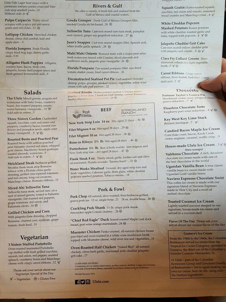 Menu at Ulele restaurant, Tampa, N Highland Ave