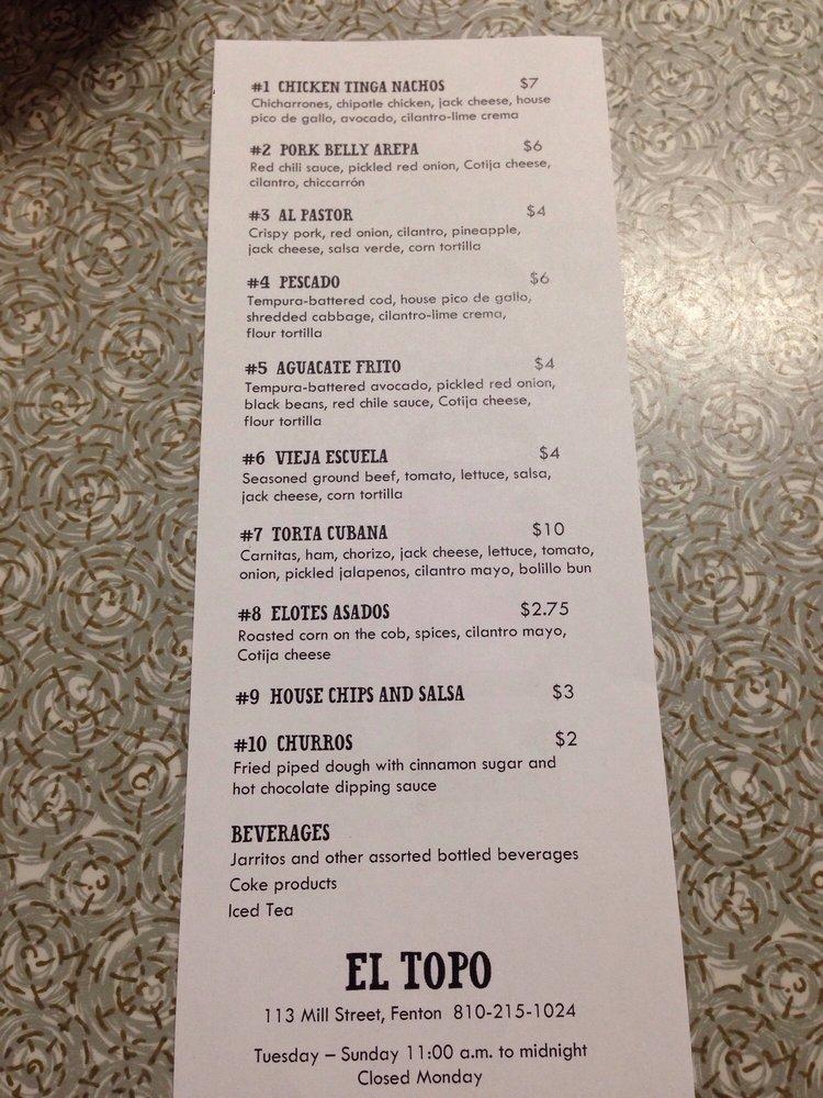 Menu at El Topo desserts, Fenton