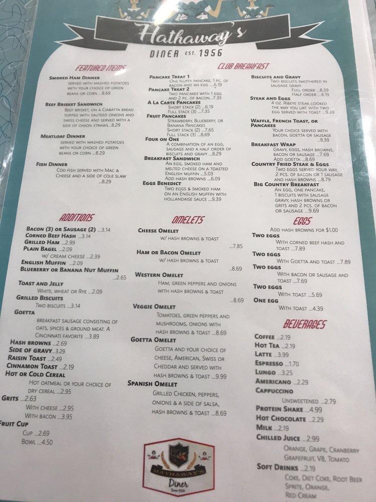 Menu at Hathaway's Diner restaurant, Cincinnati