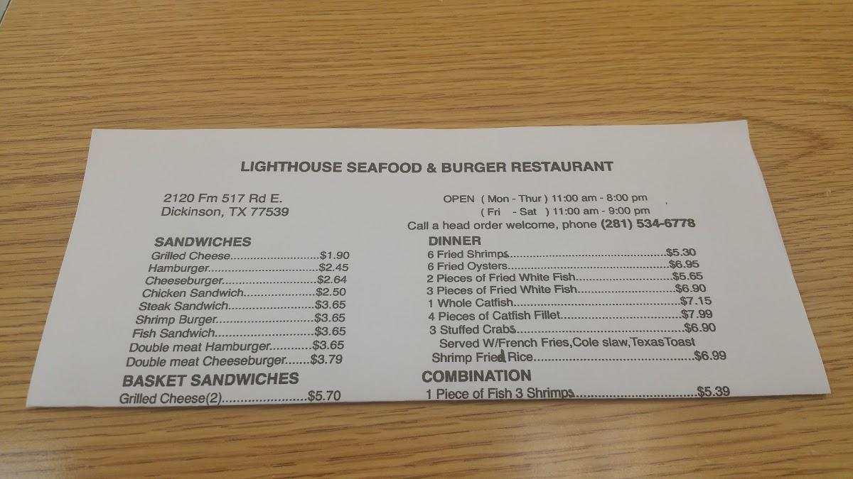 Menu at Lighthouse Seafood Restaurant, Dickinson, FM 517 Rd E