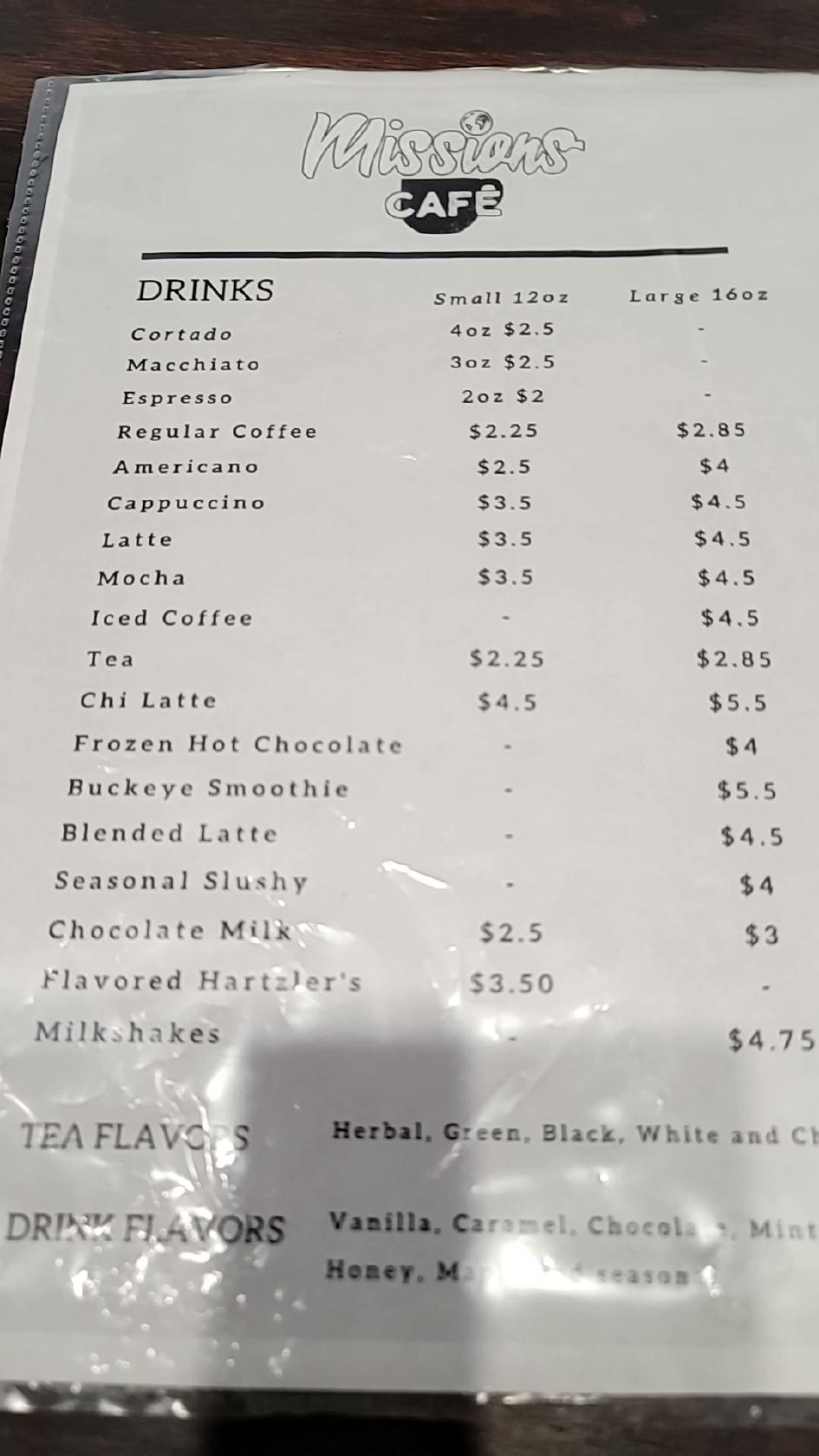 Menu at Missions Cafe, Dover