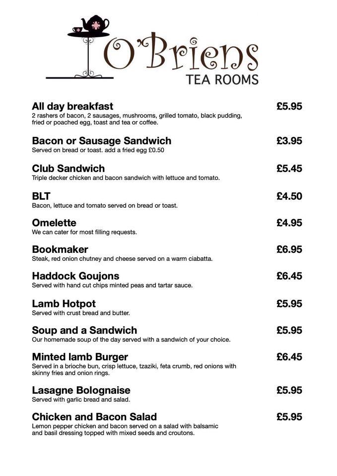Menu at O'Briens Tea Rooms cafe, Ormskirk