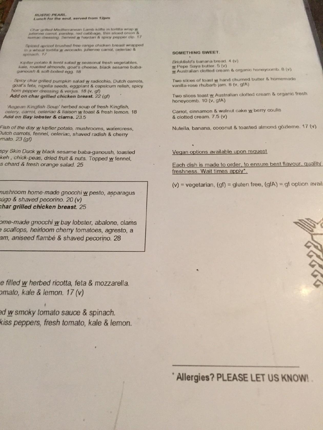 Menu at Rustic Pearl cafe, Surry Hills
