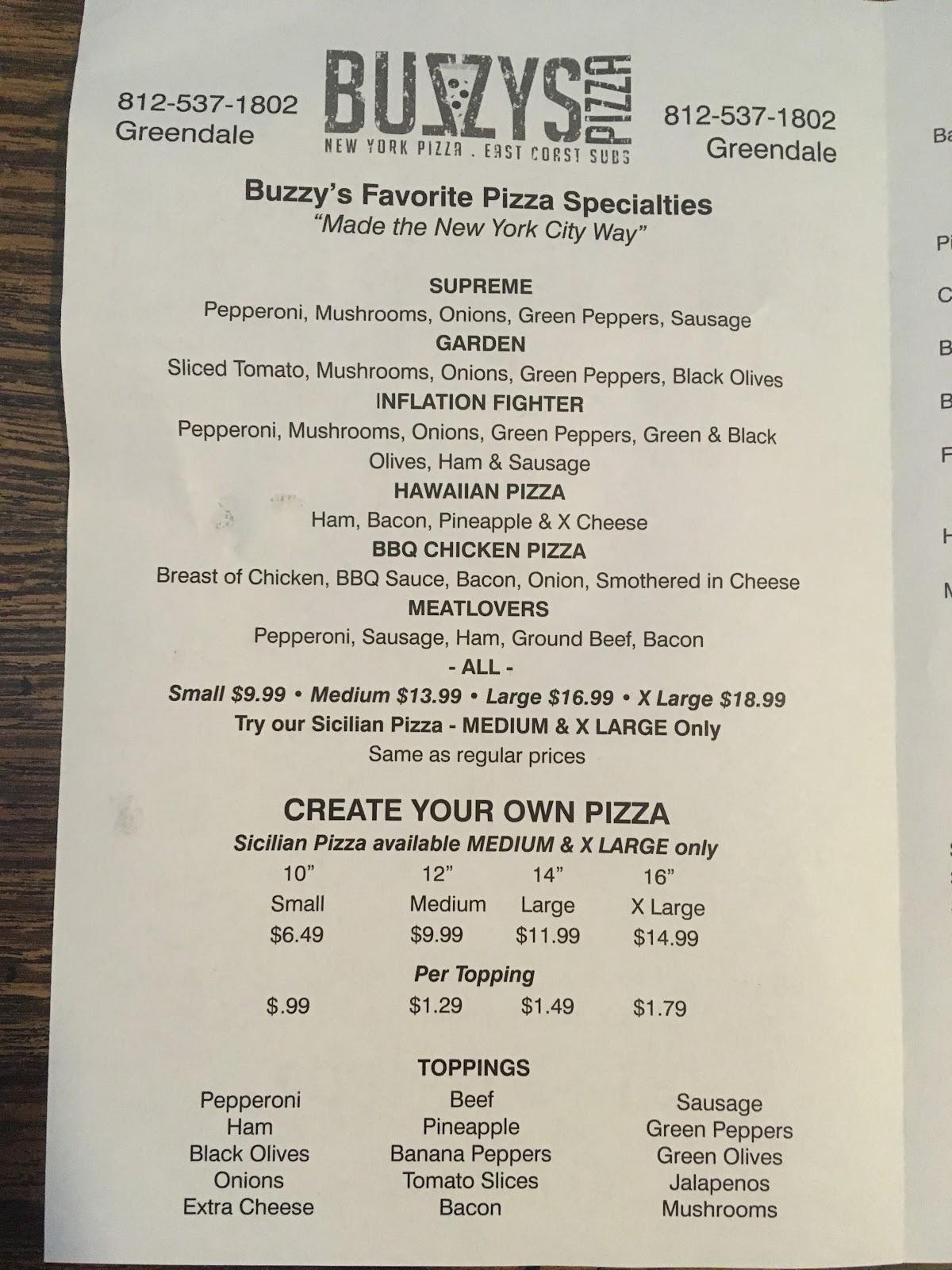 Menu at Buzzy's NYPD pizzeria, Greendale