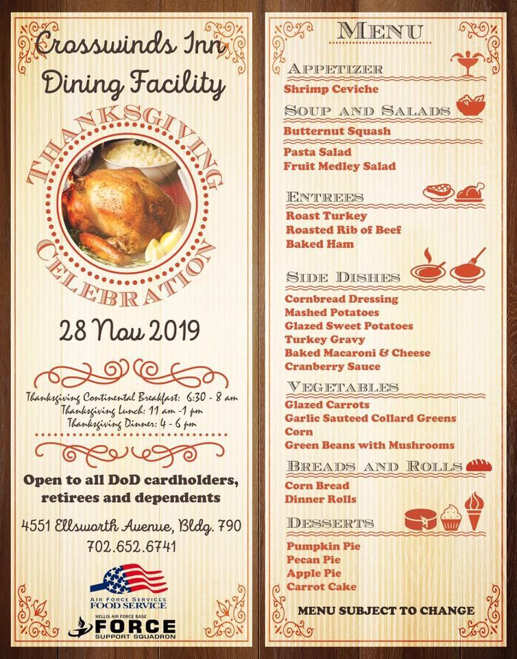 Menu at Crosswinds Dining Facility cafeteria, Nellis Air Force Base ...