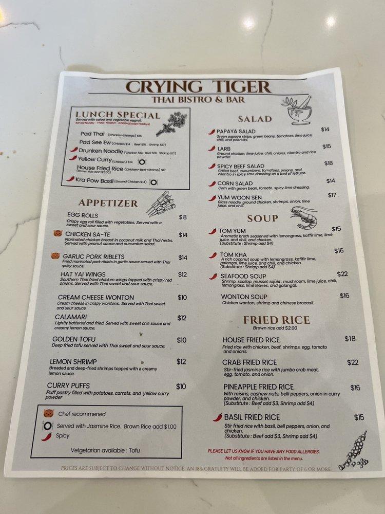 Menu at Crying Tiger Thai Bistro & Bar, Eastvale