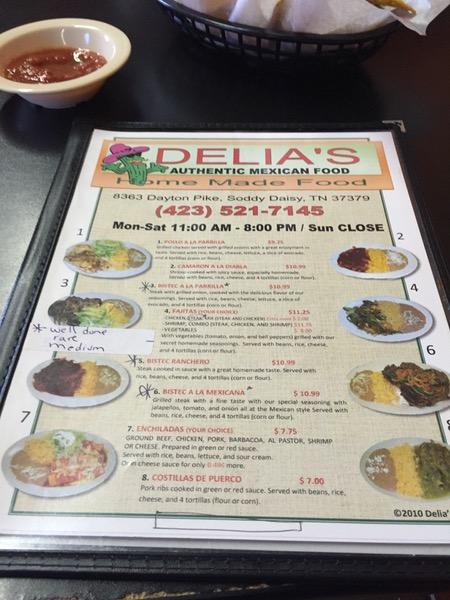 Menu at Delia's Mexican Food restaurant, Soddy-Daisy