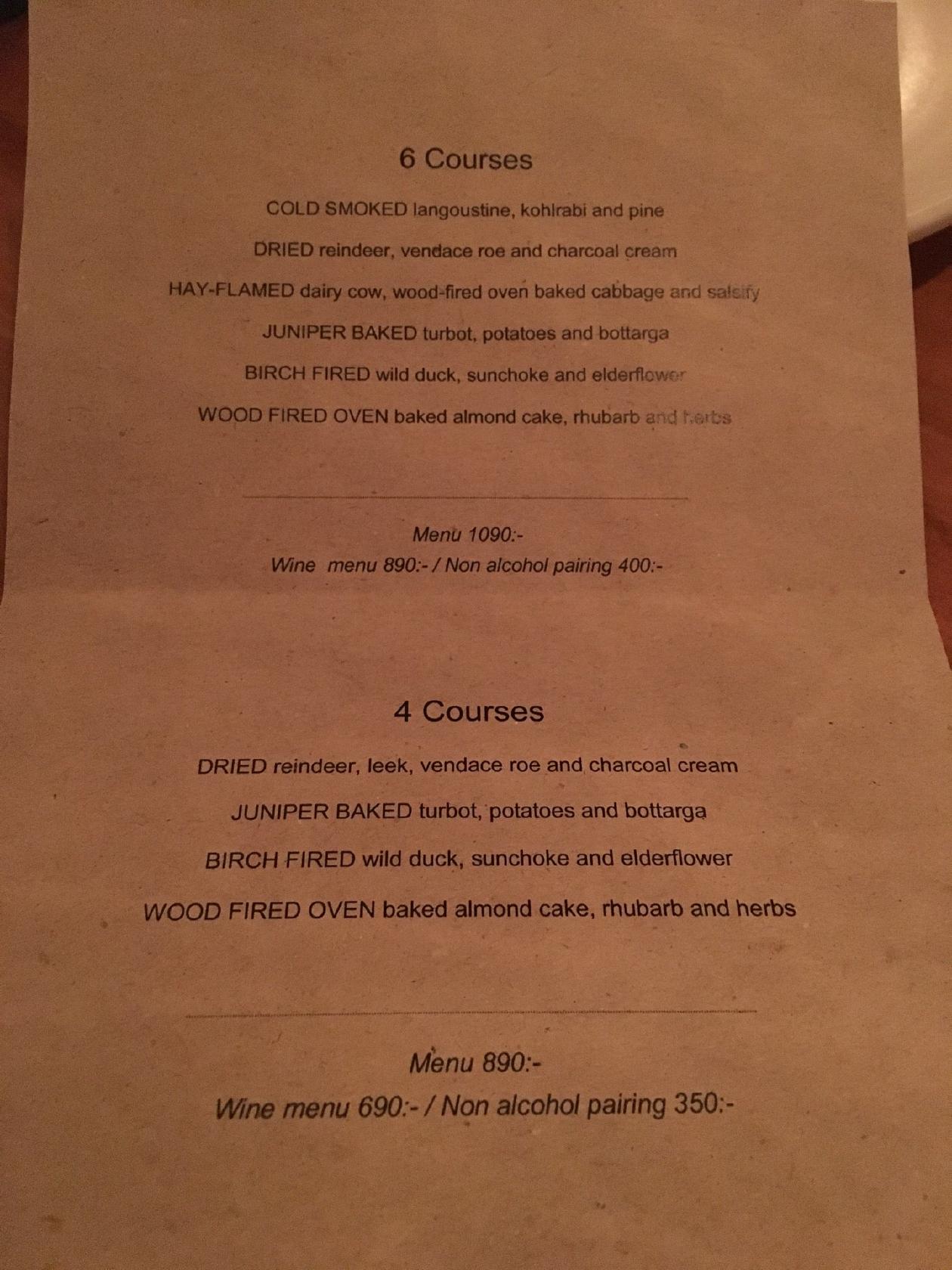 Menu at Ekstedt restaurant, Stockholm