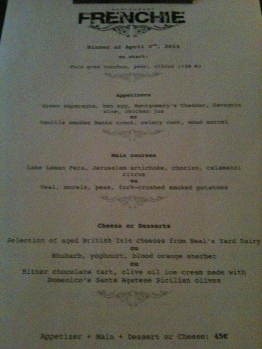 Menu at Frenchie restaurant, Paris, 5 Rue du Nil