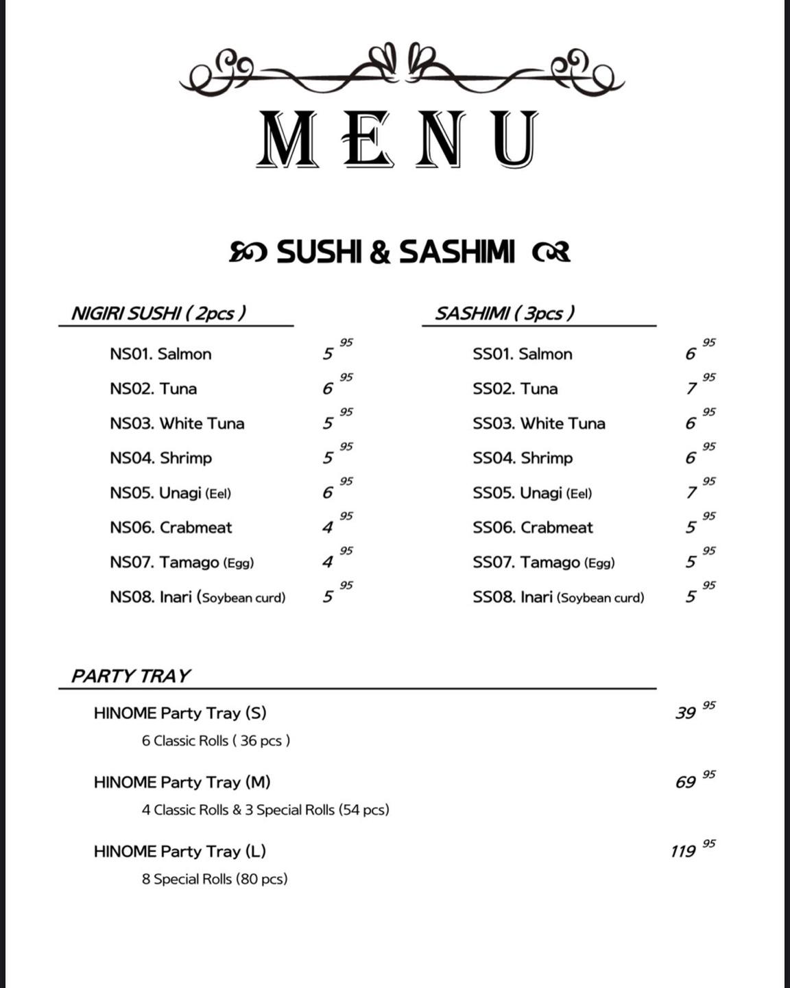 Menu at Hinome Sushi restaurant, Strathroy